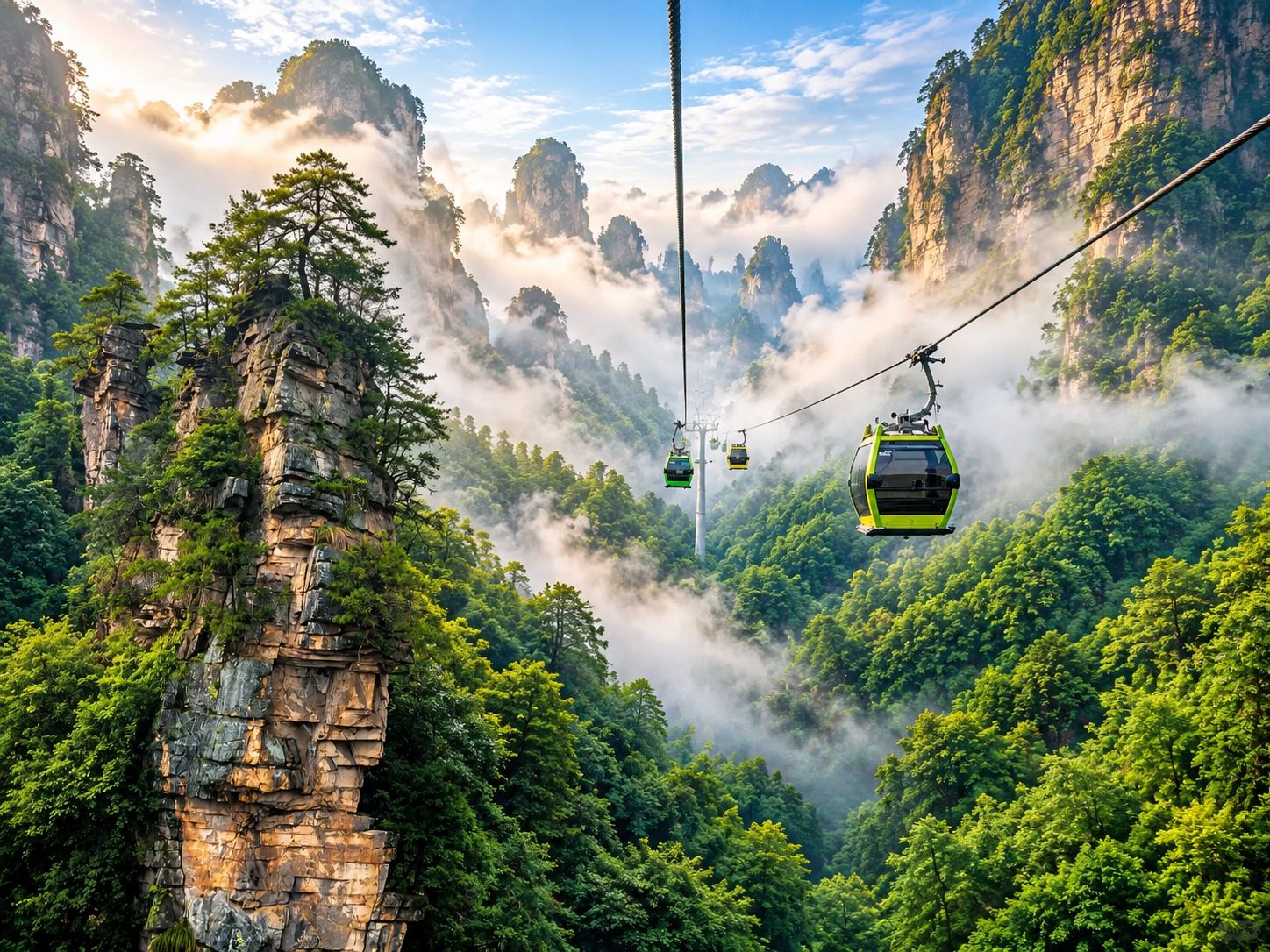 Sistema de teleférico em área montanhosa com vegetação exuberante e paredões rochosos.