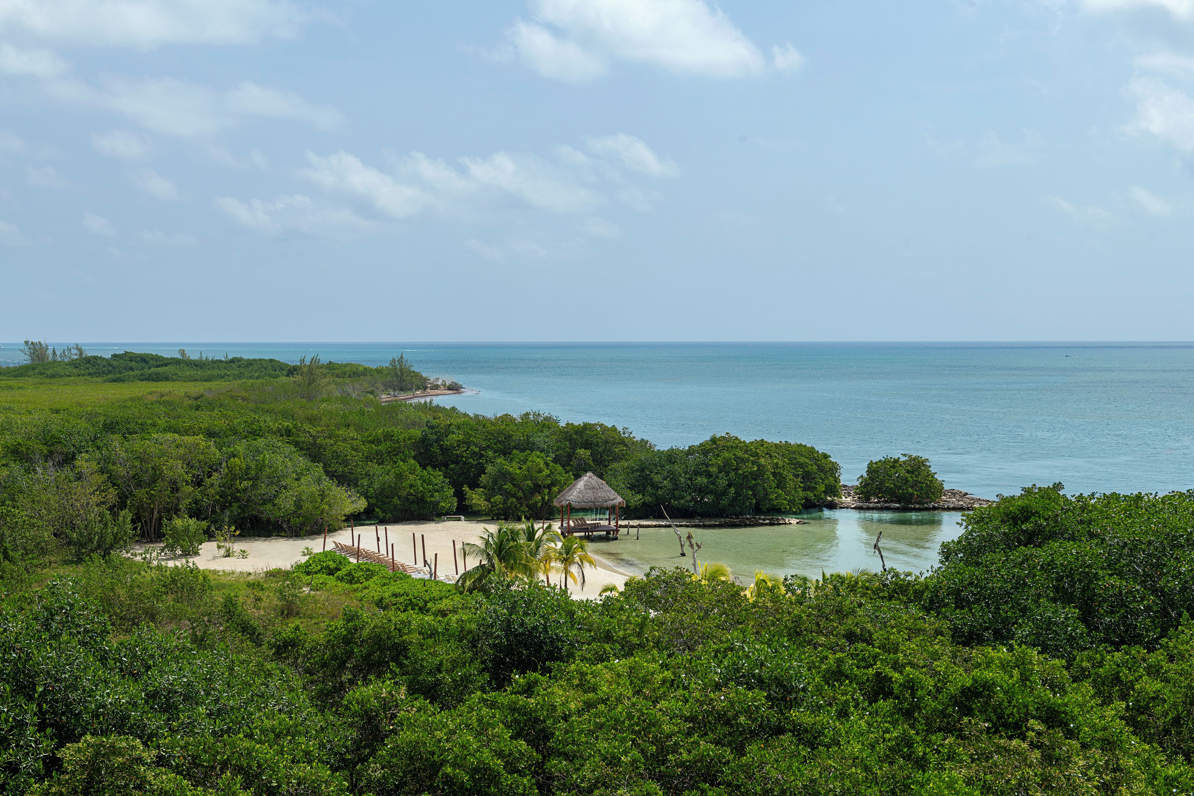 Uma praia com uma cabana de telhado de palha, rodeada por vegetação densa e vista clara do oceano.