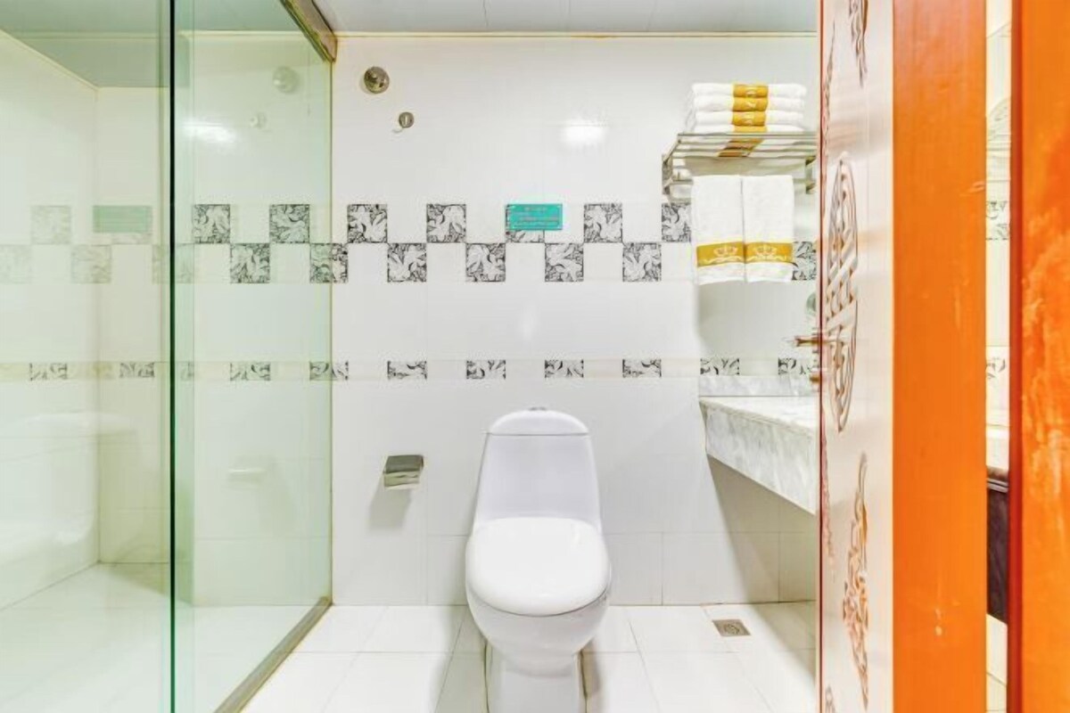 Casa de banho com sanita, cabine de duche em vidro e parede revestida de azulejos com padrão.