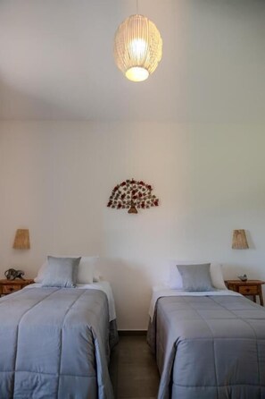 Quarto com duas camas, um lustre e um enfeite na parede.
