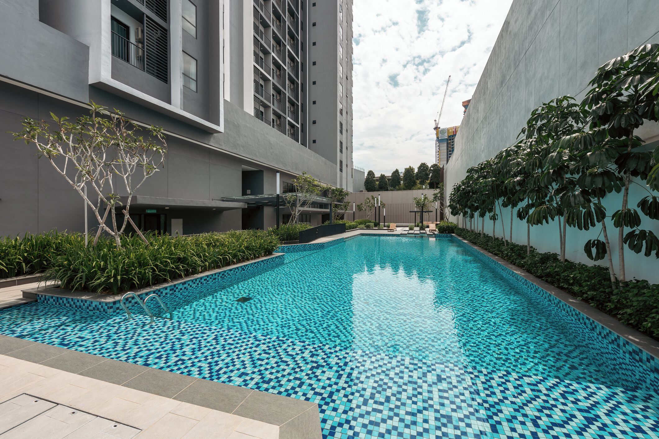 Piscina com padrão de azulejos, rodeada por vegetação e edifícios modernos.