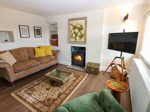 Uma sala de estar com sofá, televisão, lareira e tapete.