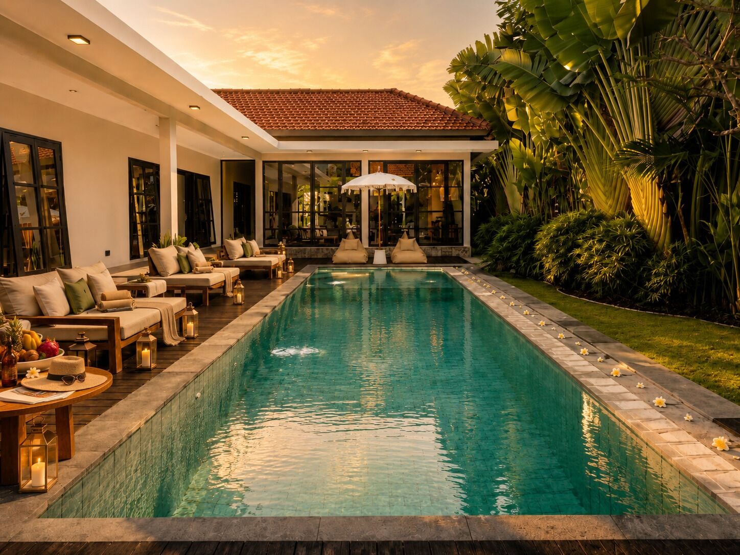 Uma área à beira da piscina com espreguiçadeiras, uma mesa de jantar e vista para a piscina.