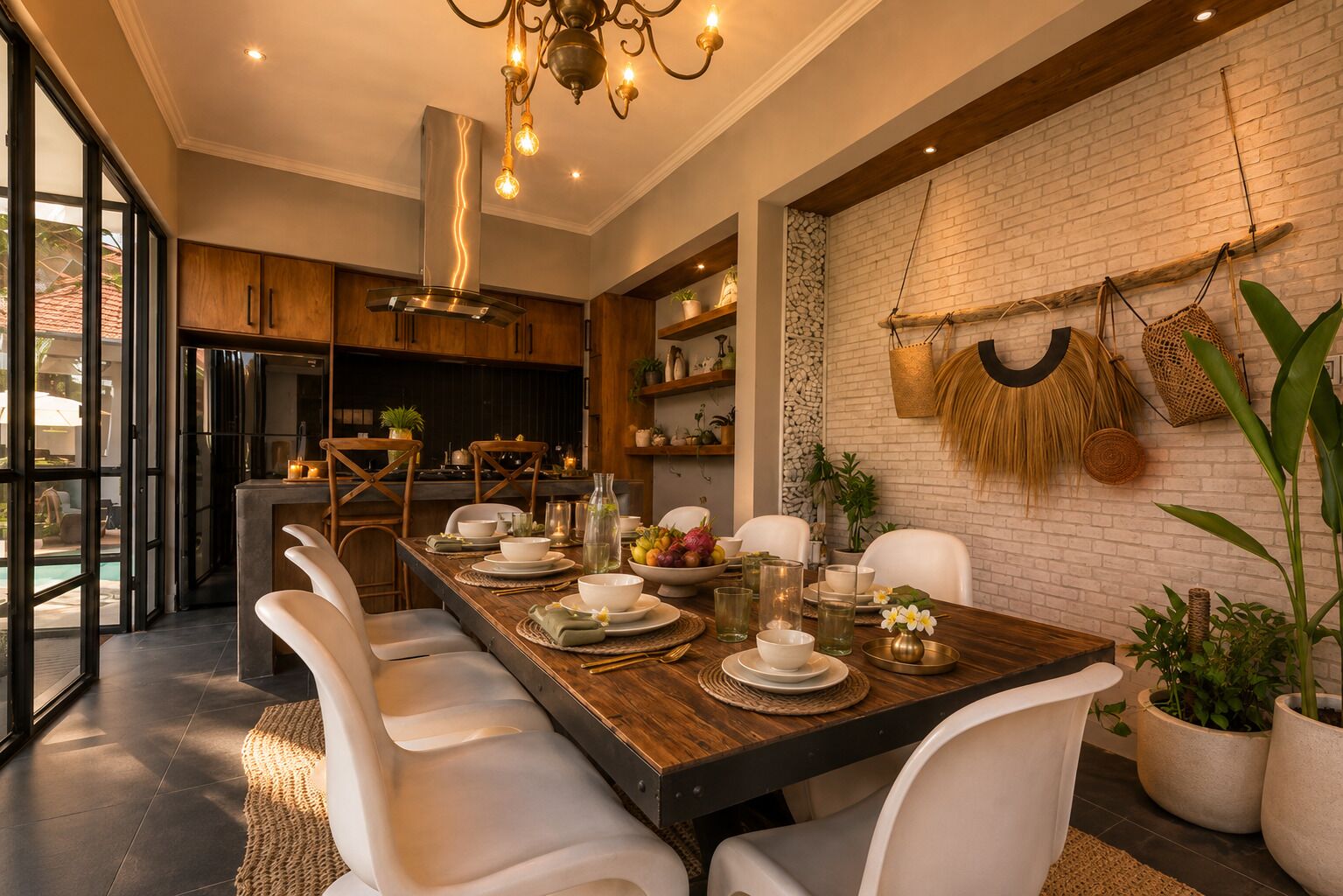 Uma sala de jantar moderna com uma longa mesa de madeira posta para uma refeição, rodeada por cadeiras brancas.