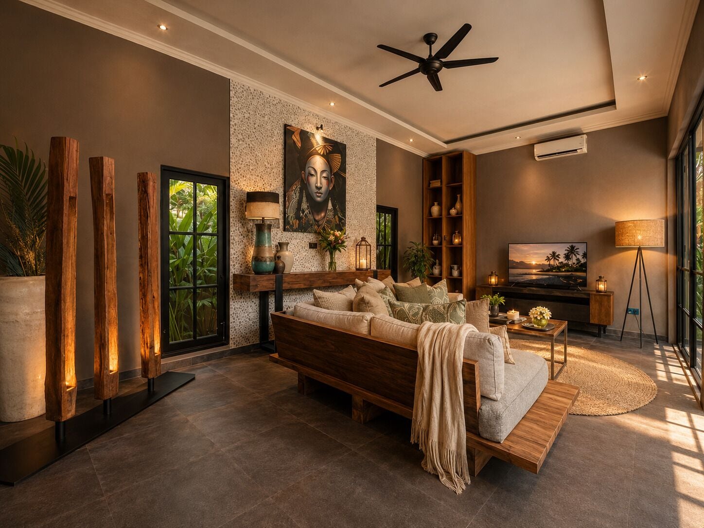 Uma sala de estar moderna com um sofá, televisão e objetos decorativos.