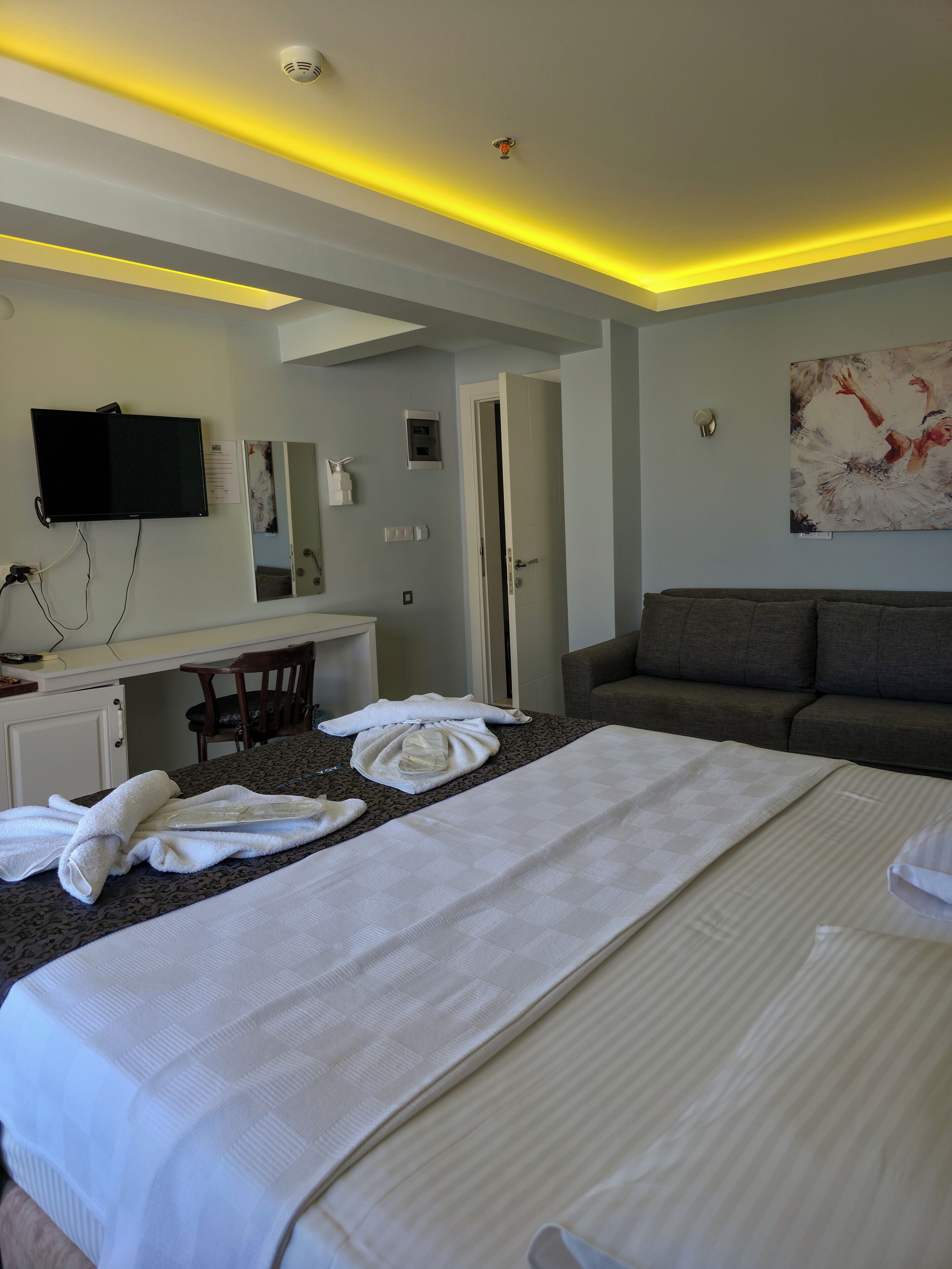 Quarto de hotel com cama, escrivaninha, televisão, pintura e sofá.