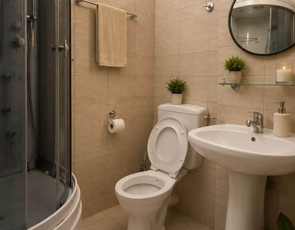 Quarto Comfort, vista para o pátio | Casa de banho | Artigos de higiene pessoal grátis, toalhas fornecidas, sabão, champô 
