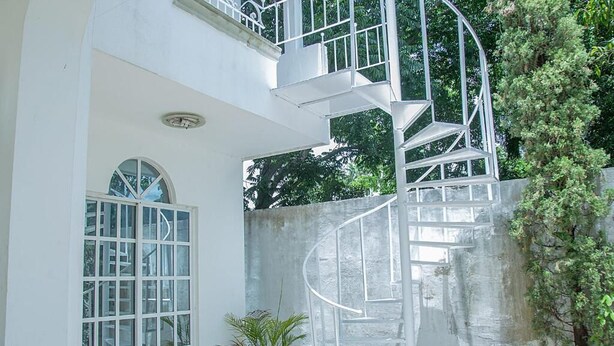 Escadaria em espiral com corrimão de metal branco, um vaso de planta e vista para o verde lá fora.