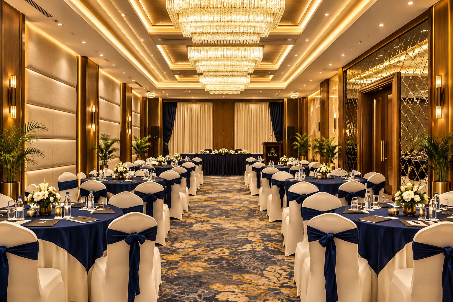 Uma sala de banquetes com mesas redondas, cadeiras brancas e um palco central.