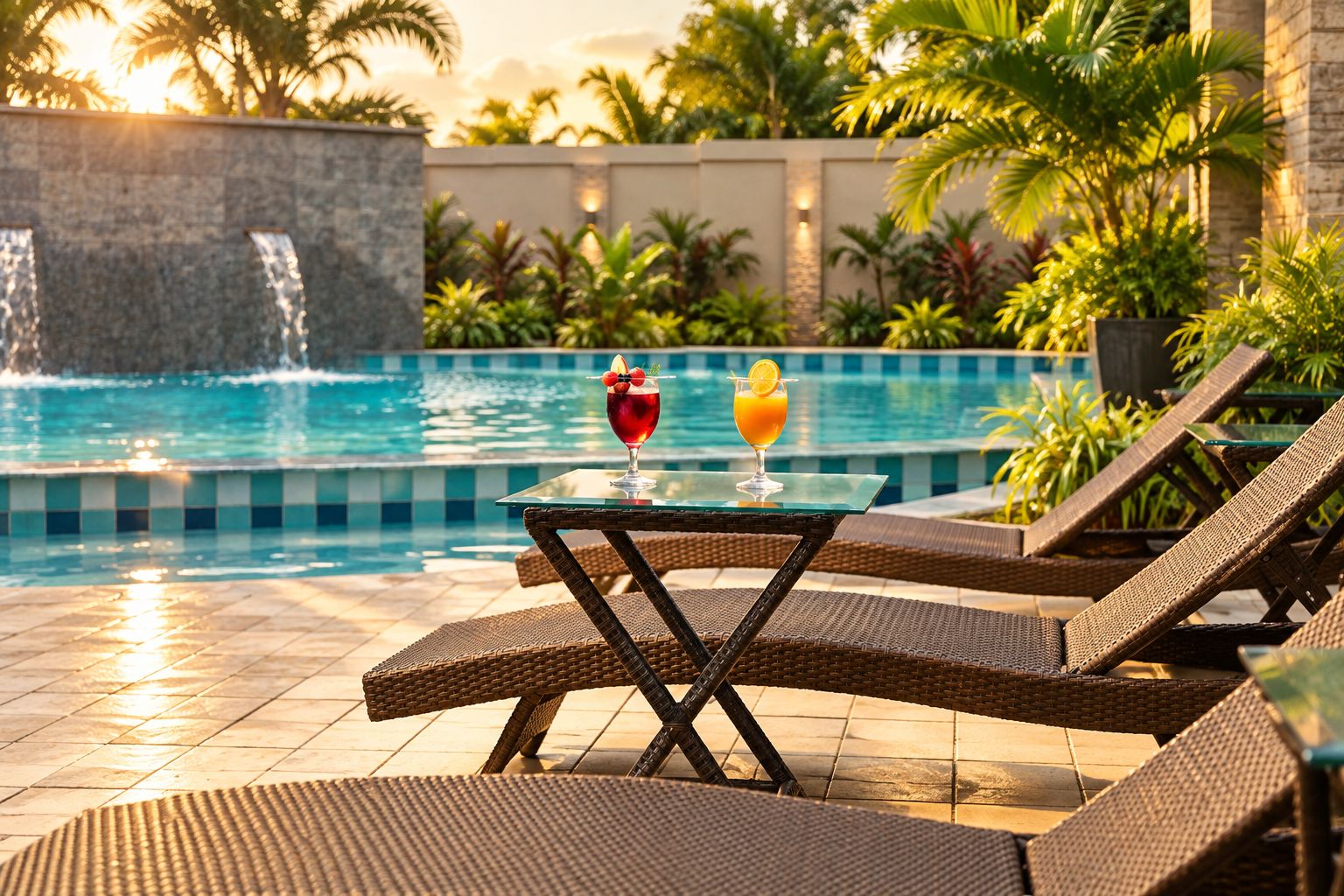 Área de piscina com espreguiçadeiras, mesa de vidro e duas bebidas.