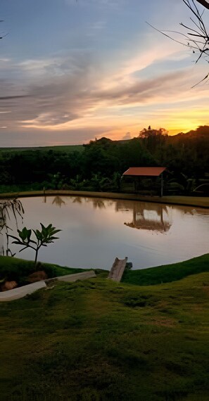 Uma cena tranquila à beira do lago, com um coreto, águas calmas e vegetação exuberante.