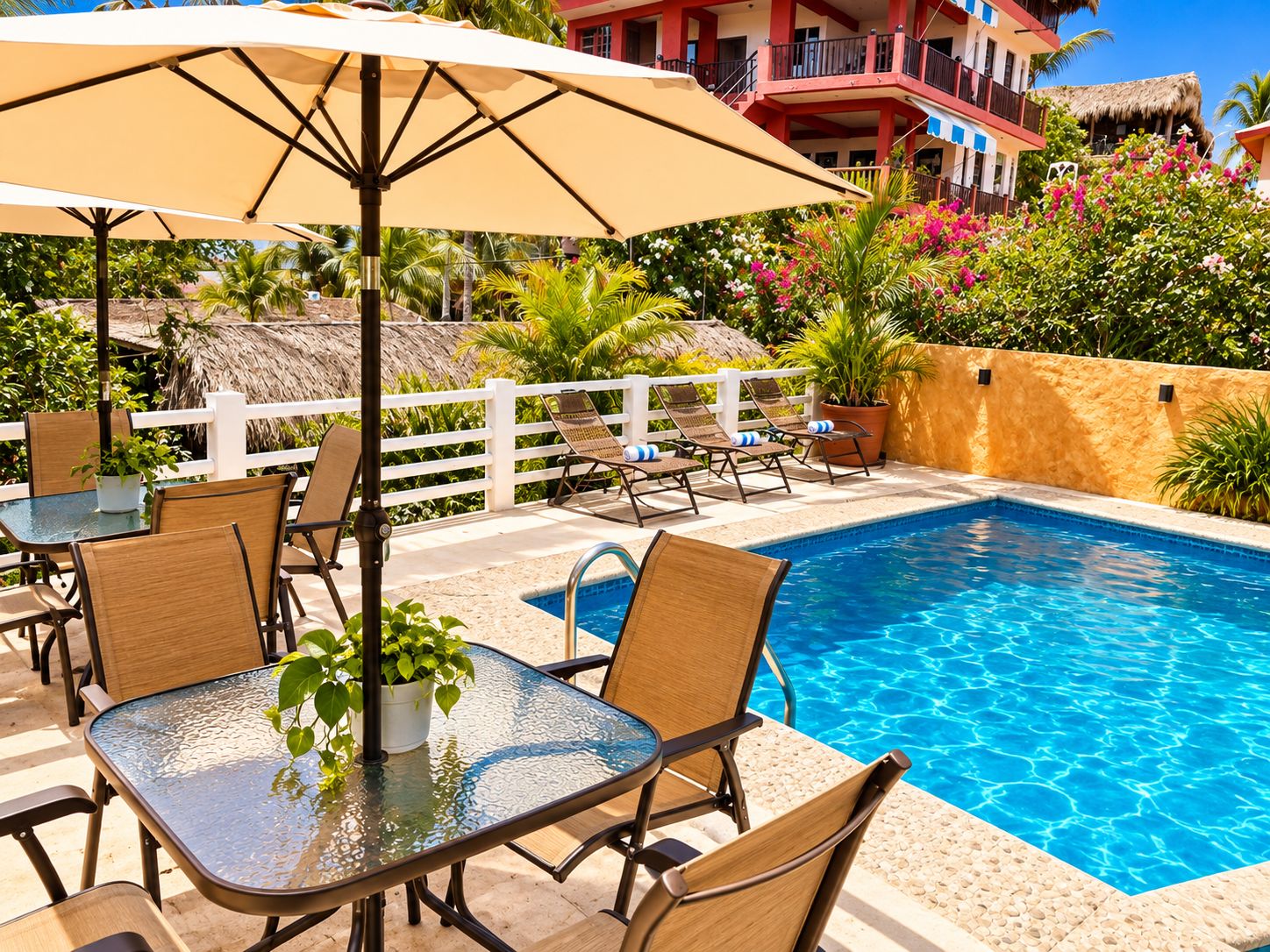 Área de piscina com espreguiçadeiras, mesa e cadeiras, e um grande guarda-sol.