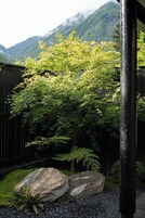 Um jardim com uma árvore, pedras e uma cerca de madeira.