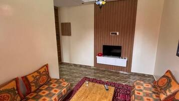 Uma sala de estar com sofá, mesa de centro, lareira e luminária no teto.