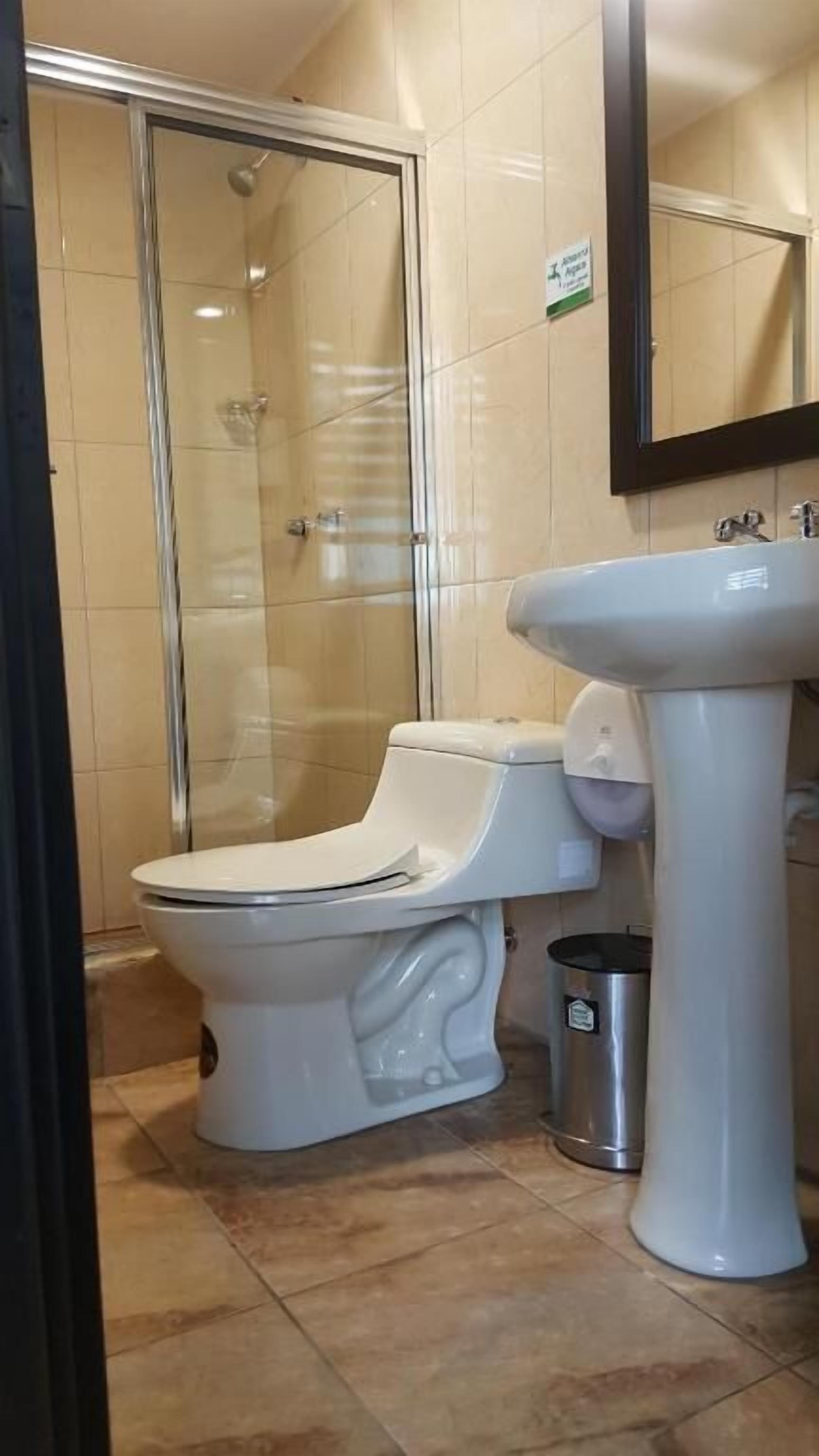 Um banheiro com vaso sanitário, pia e chuveiro.