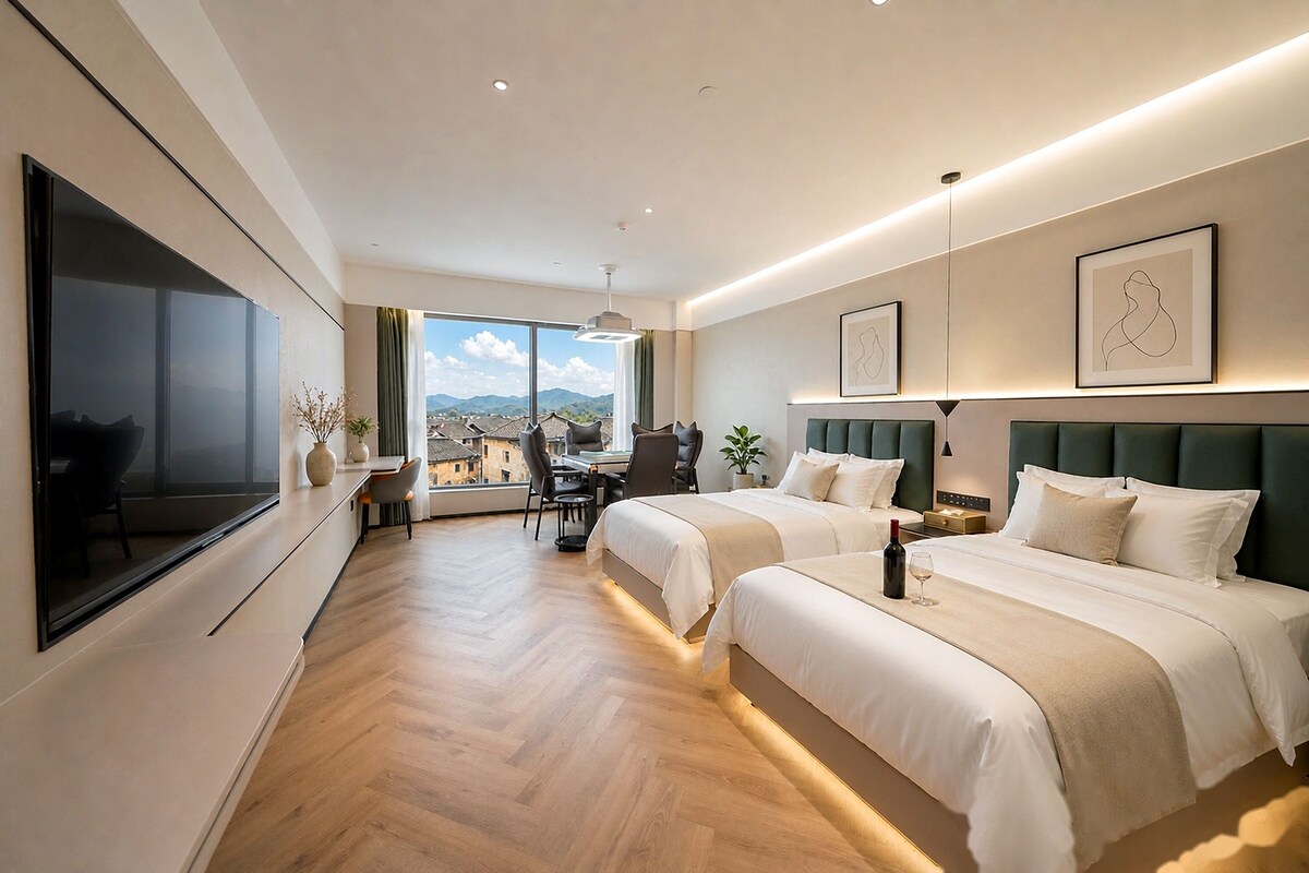Quarto de hotel moderno com duas camas, uma escrivaninha e uma janela grande com vista para a cidade.