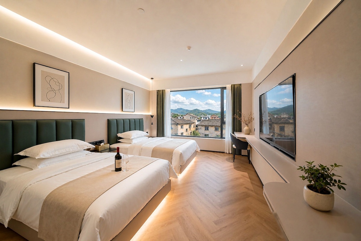 Quarto de hotel moderno com duas camas, uma janela ampla com vista para a cidade e uma pequena área de trabalho.