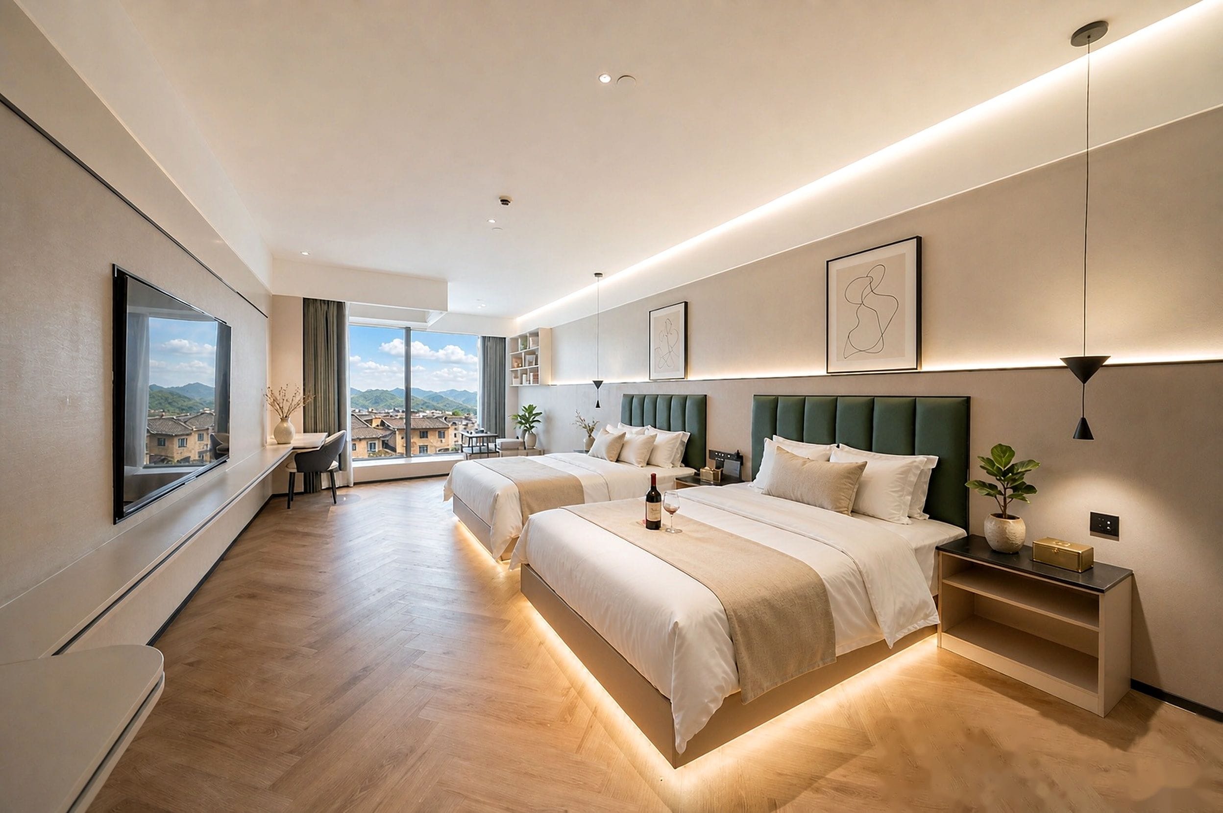 Quarto de hotel moderno com duas camas, uma escrivaninha e vista para a cidade.