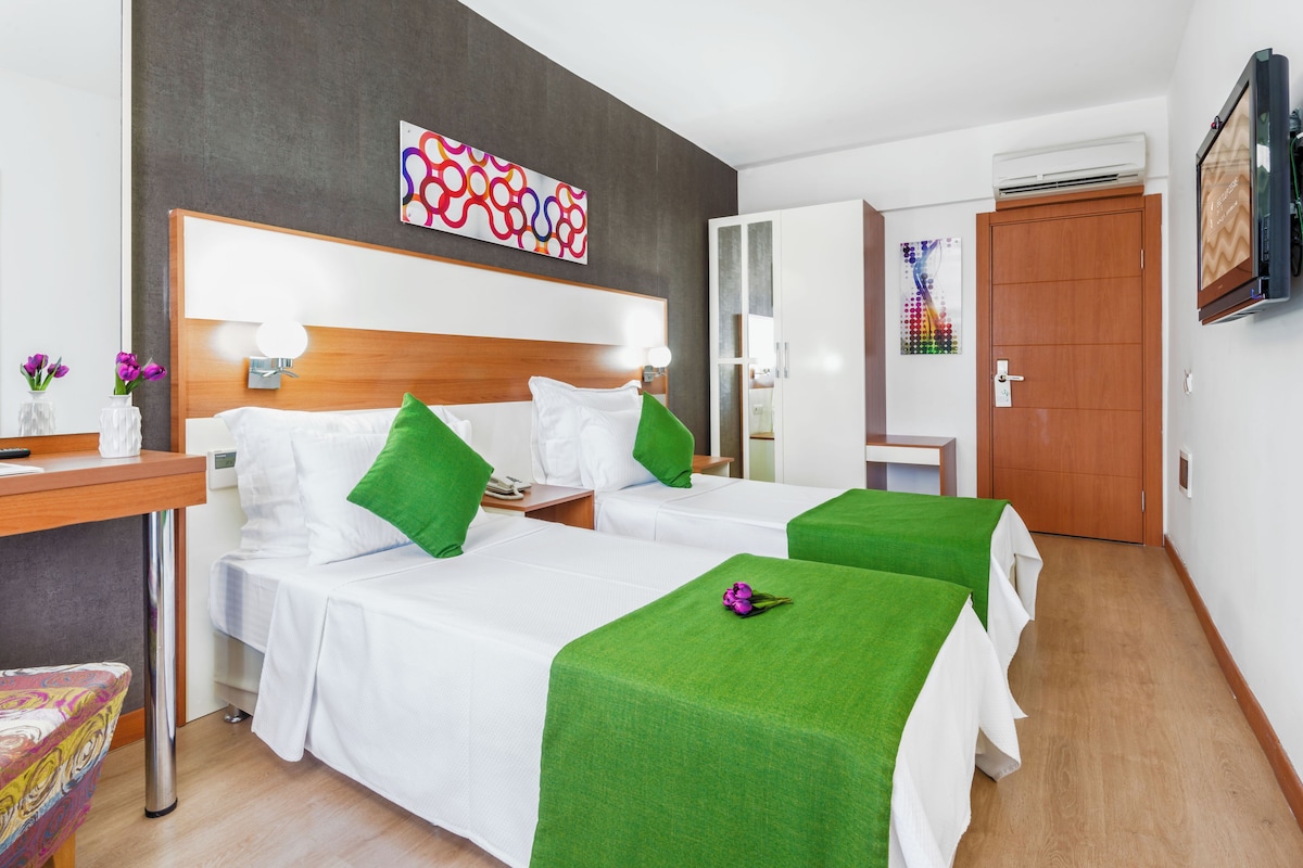 Quarto Twin Básico, varanda | Cofre no quarto, secretária