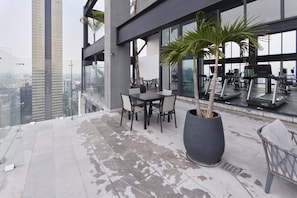 Terraço no telhado com mesa e cadeiras, uma grande planta em vaso e equipamentos de ginástica.