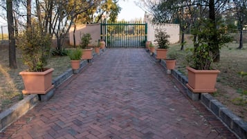 Uma trilha pavimentada leva a um portão, ladeada por plantas em vasos e árvores.