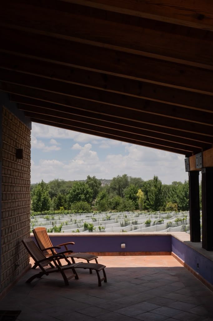 Área de estar coberta ao ar livre com duas poltronas de descanso, vista para um jardim paisagístico e uma parede de tijolos.