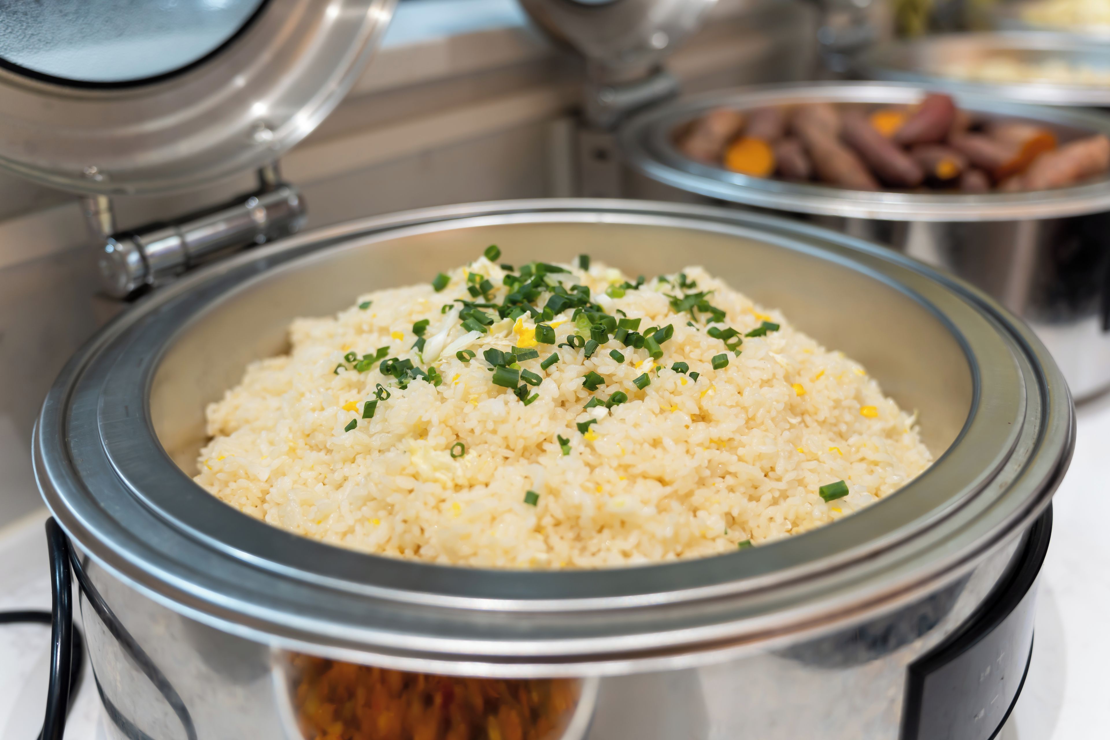 Uma tigela de arroz decorada com cebolinha.