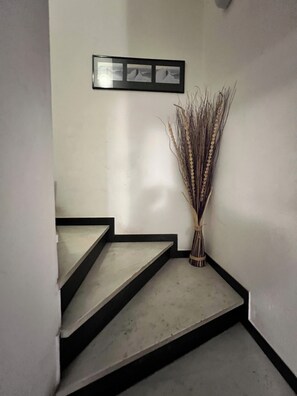 Uma escadaria com um quadro emoldurado acima.