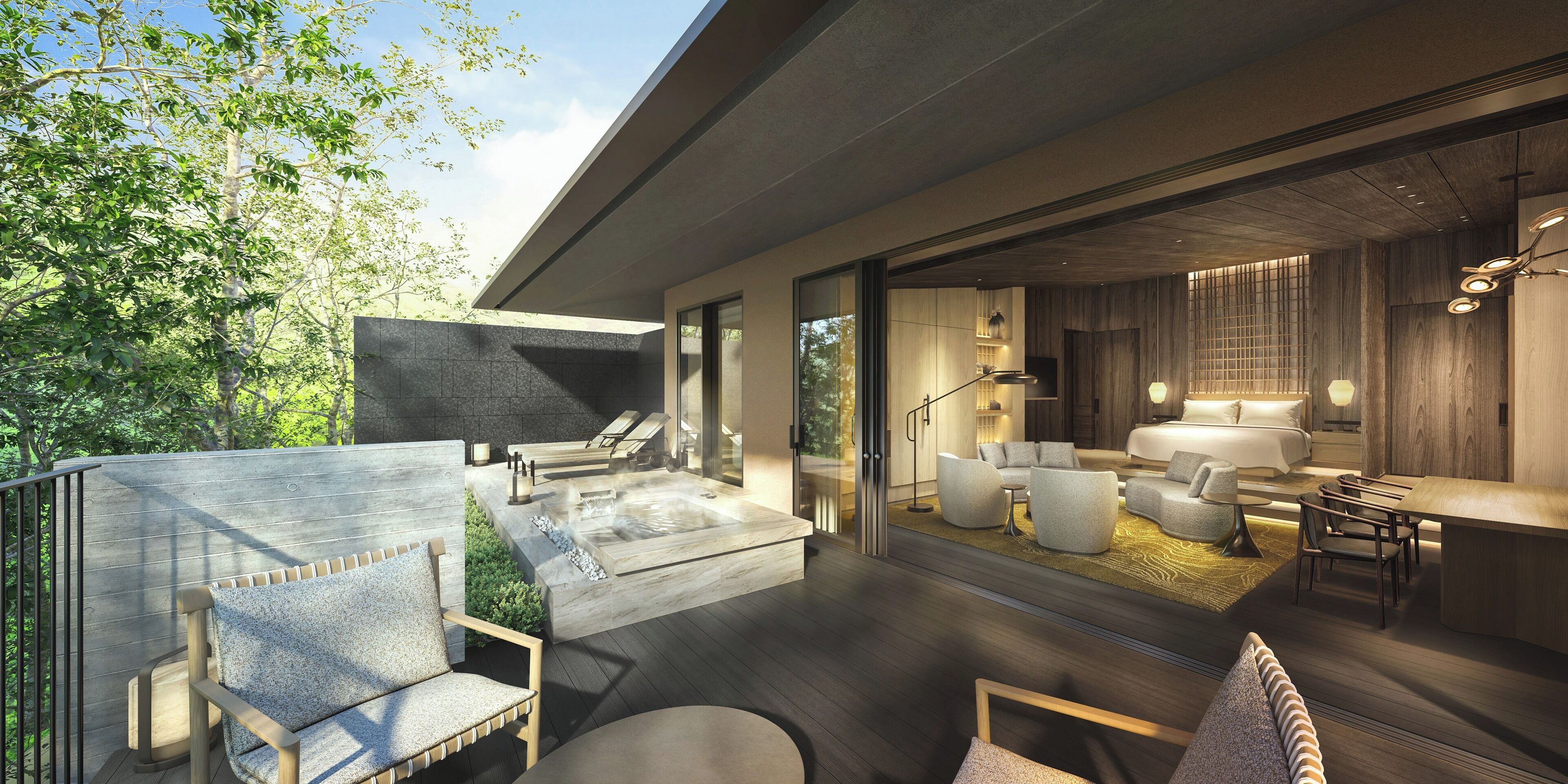 Quarto de hotel moderno com cama grande, área de estar e vista para o exterior.