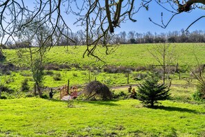 Paisagem rural com um campo gramado, uma pequena ponte de madeira e uma árvore conífera.