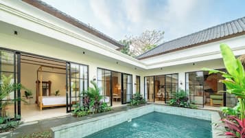 Uma casa moderna com piscina, grandes portas de vidro e plantas dentro de casa.