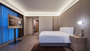 A modern hotel room with a large bed, a bedside table, a TV, and a wardrobe.