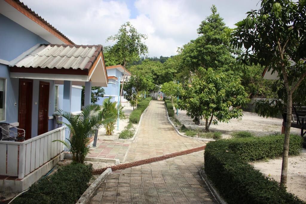 A pathway leading to a row of houses with a tiled roof, surrounded by greenery and trees.