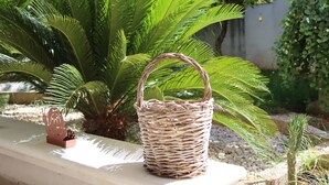 Uma cesta de palha sobre um parapeito, com uma planta de palmeira ao fundo.