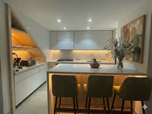 Minifrigorífico, um micro-ondas, um forno, uma placa de cozinha 