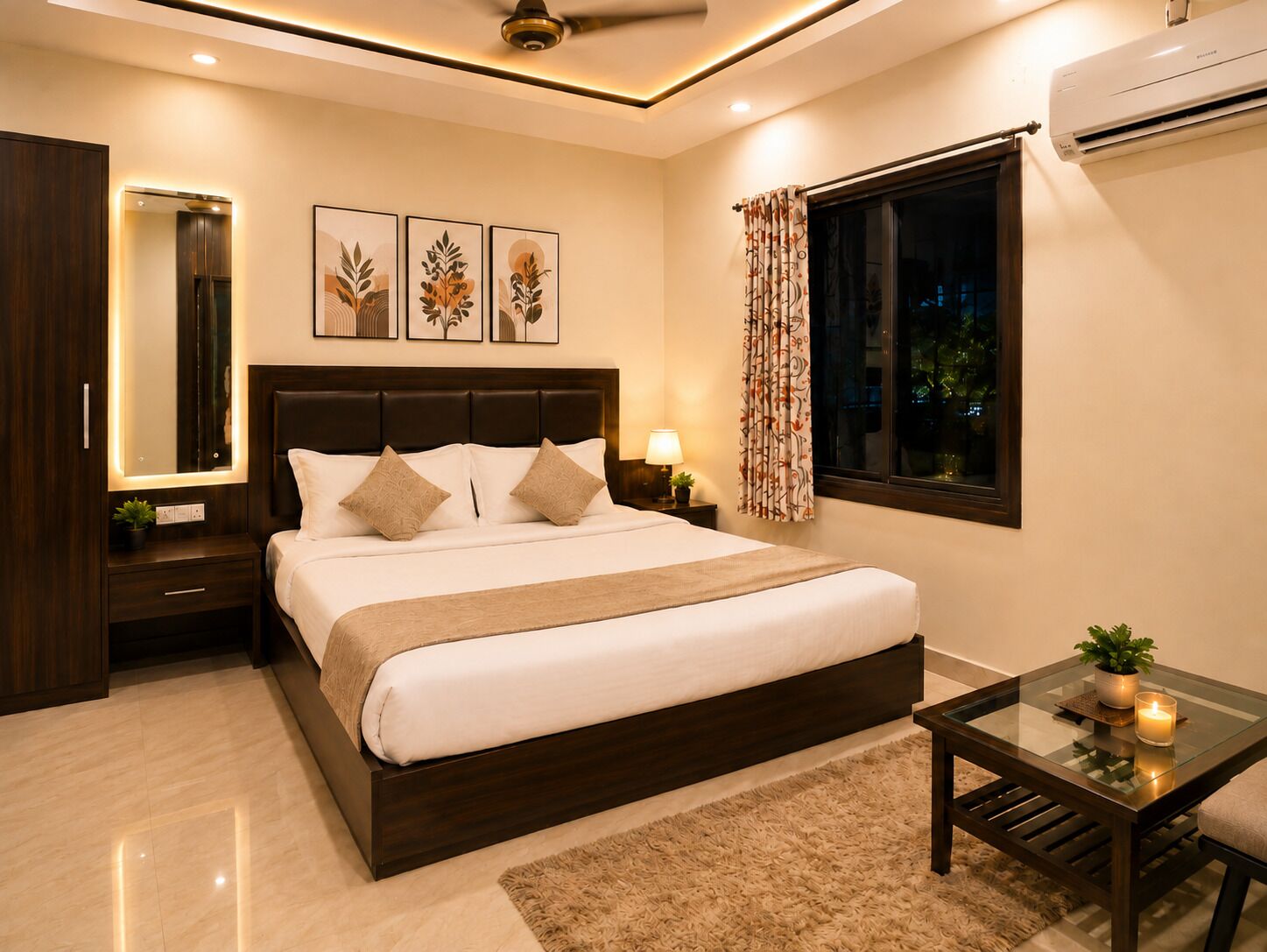Quarto moderno com cama grande, mesas de cabeceira, uma mesa de centro de vidro e uma janela com cortinas.