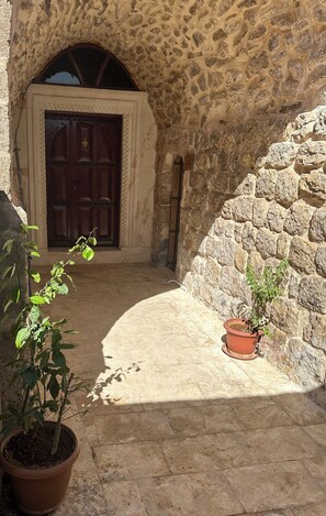 Mural de pedra exterior com porta de madeira e vasos de plantas.