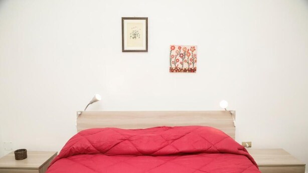 Uma cama com um edredom vermelho, uma luminária de cabeceira e um quadro na parede.