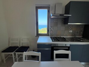 Uma cozinha compacta com fogão a gás, janela com vista para o mar e painel de cozinha padronizado.