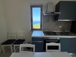 Uma cozinha compacta com fogão a gás, janela com vista para o mar e painel de cozinha padronizado.