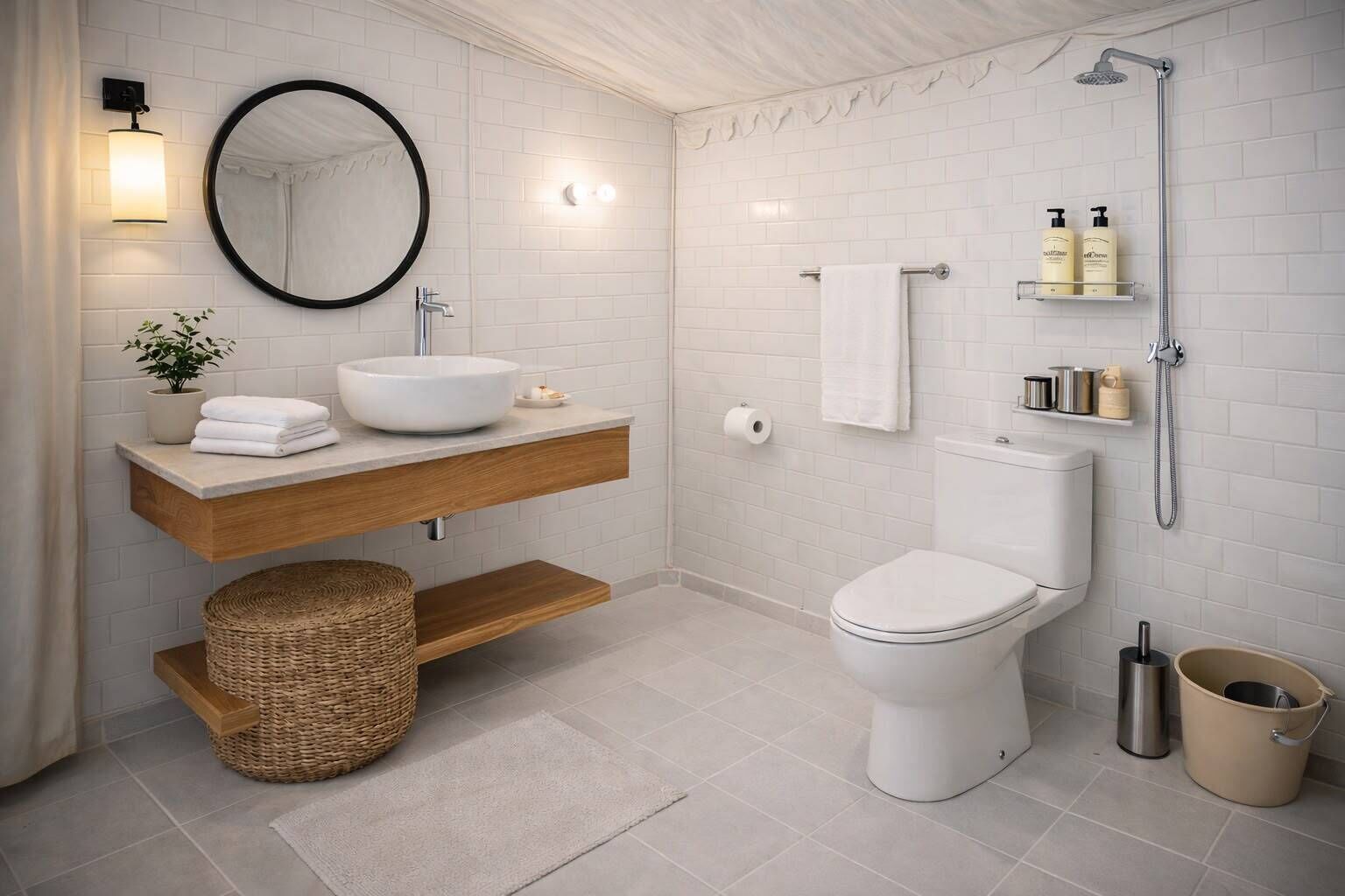 Uma casa de banho moderna com um espelho redondo, lavatório branco e sanita.