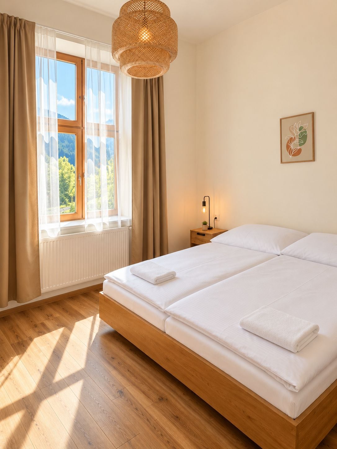 Quarto com cama de madeira, janela com cortinas, luminária fixada na parede e quadro emoldurado.