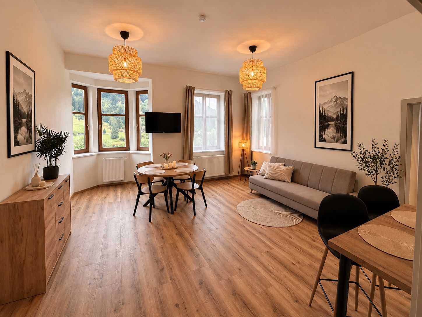 Sala de estar moderna com piso de madeira, mesa de jantar redonda, sofá e duas luminárias pendentes.