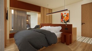 Quarto de hotel moderno com cama grande, painéis de madeira, mesa de cabeceira e janela com cortinas.
