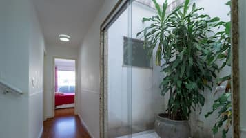 Um corredor com piso de madeira, uma porta de vidro que dá para um quarto com cama vermelha e um vaso de planta grande.