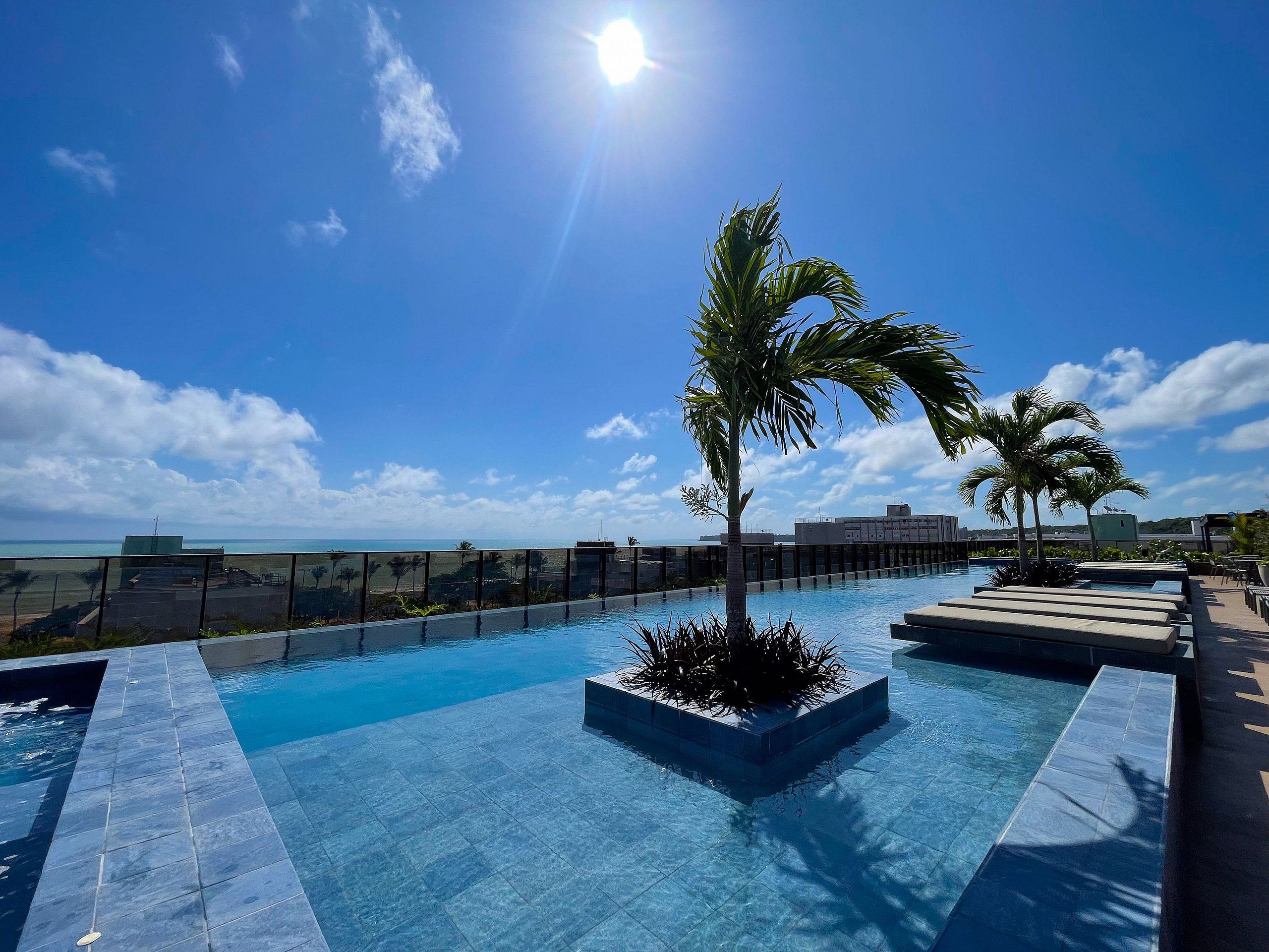 Piscina infinita no terraço com água azul cristalina, cercada por palmeiras e vista para o oceano.