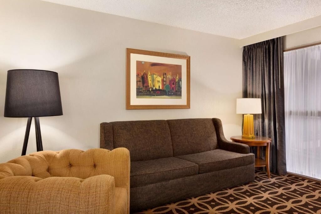 Quarto de hotel com sofá, luminária, quadro na parede e carpete estampado.