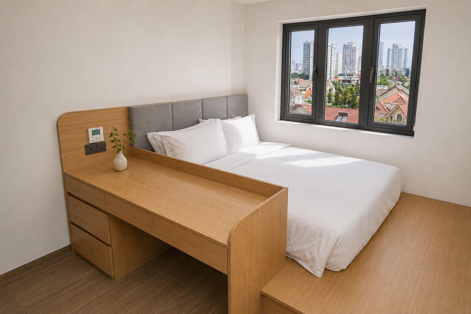 Quarto com cama, escrivaninha de madeira, um vaso com planta e janela com vista para a cidade.