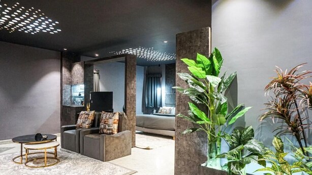 Uma sala de estar moderna com um sofá, uma mesa de centro e uma grande planta em vaso.