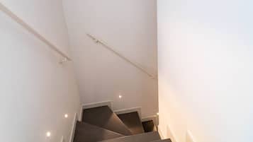 Uma escadaria com corrimão e iluminação na base.